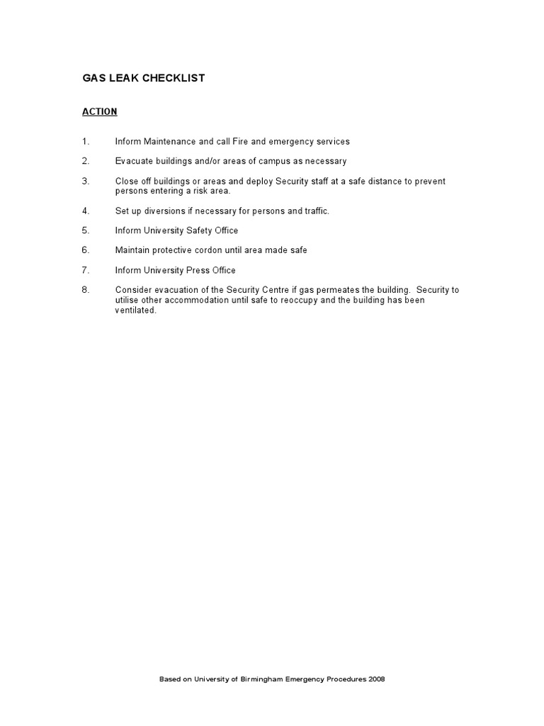 Gas Leak Checklist: Action | PDF