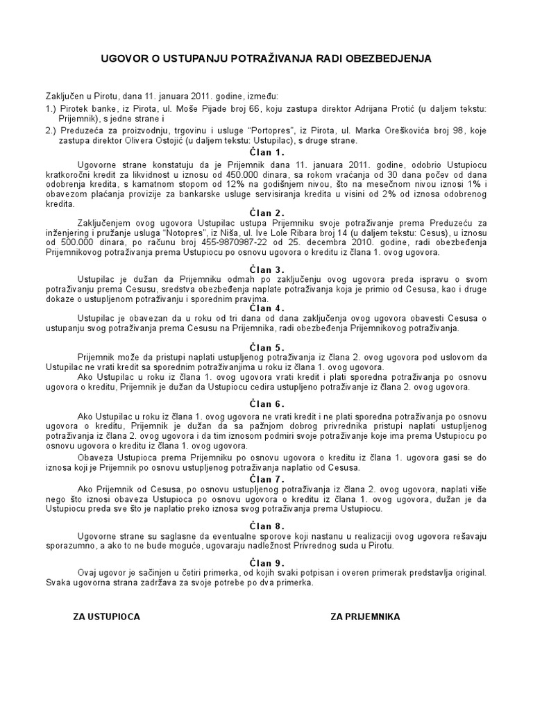 Ugovor o Ustupanju Potrazivanja Radi Obezbedjenja | PDF