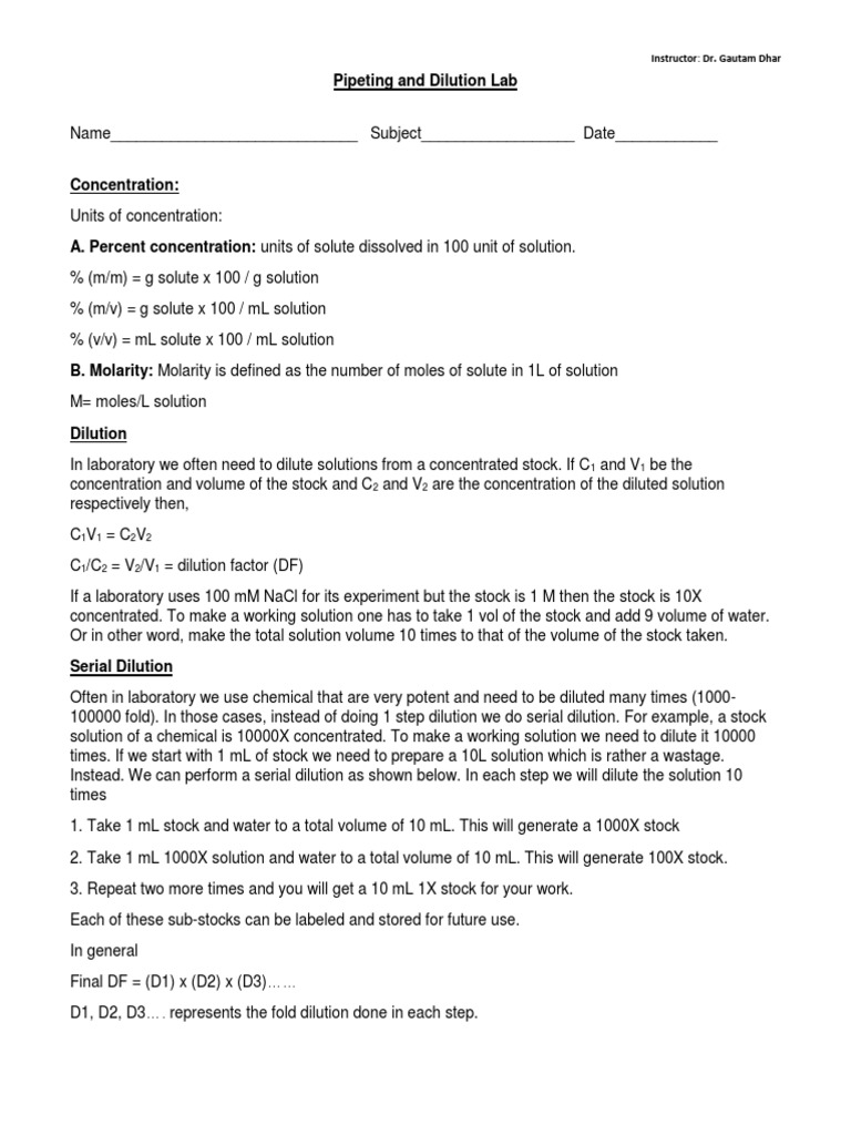 Dilution and Pipetting Lab | PDF | Molar Concentration | Concentration