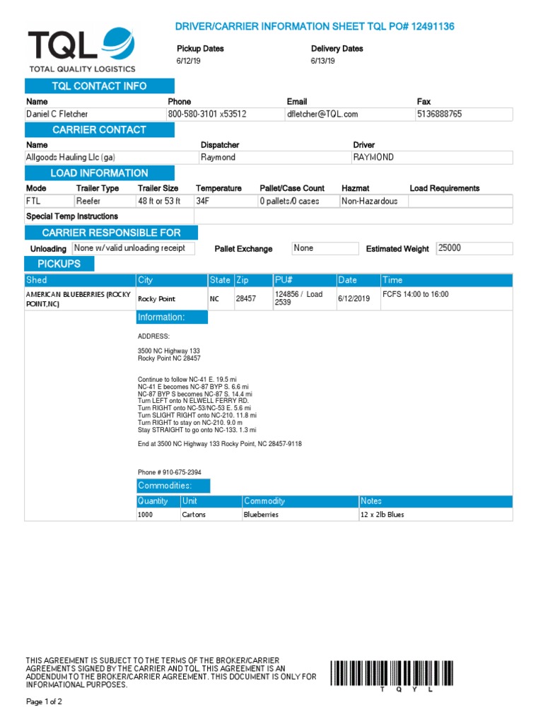 TQL Contact Info: Driver/Carrier Information Sheet TQL Po# 12491136 ...