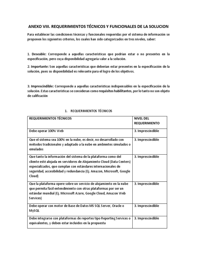 Anexo Viii Requerimientos Tecnicos y Funcionales de La Solucion | PDF ... Anexo Viii Requerimientos Tecnicos y Funcionales de La Solucion | PDF ...
