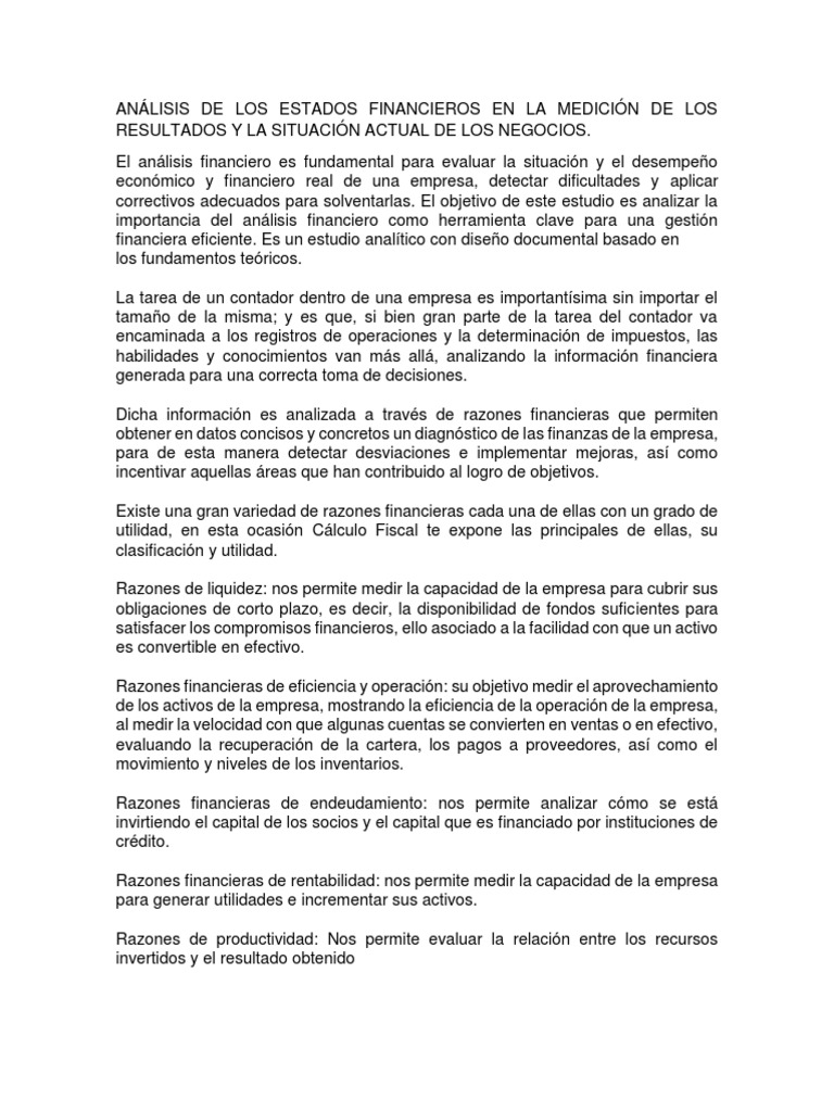 Análisis de Los Estados Financieros en La Medicion de Los Resultados ...