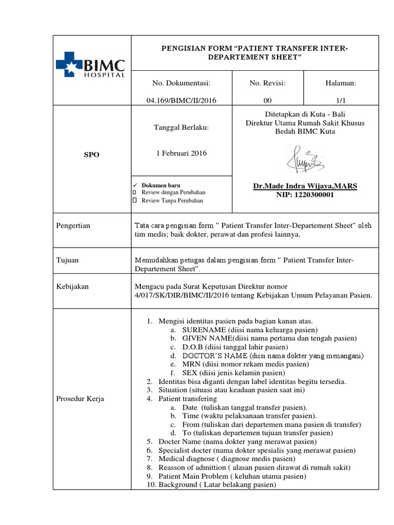 Panduan Pengisian Form Transfer Pasien | PDF