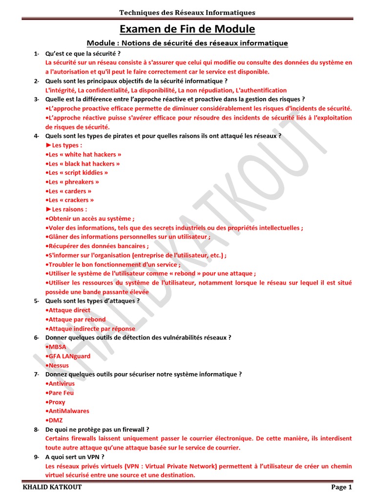 Examen de Fin de Module Correction - Notions de Sécurité Des Réseaux Informatique | PDF ...