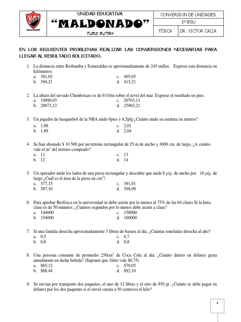 Ejercicios de Conversiones | PDF | Unidades de medida | Observación ...