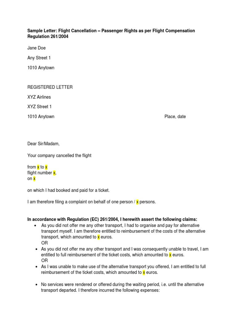 Sample Letter: Flight Cancellation - Passenger Rights As Per Flight ...