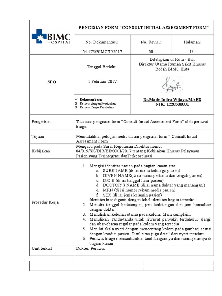 SOP Pengisian Consult Initial Assessment Form 2017 | PDF