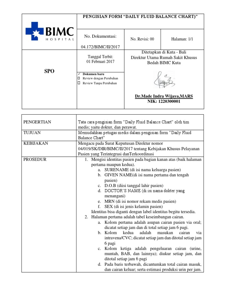 SOP Pengisian Daily Fluid Balance Chart 2017 New | PDF
