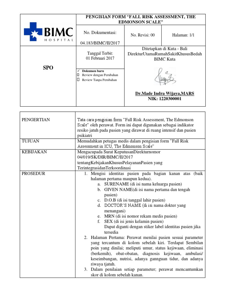 SOP Pengisian Fall Risk Edmonson ICU | PDF