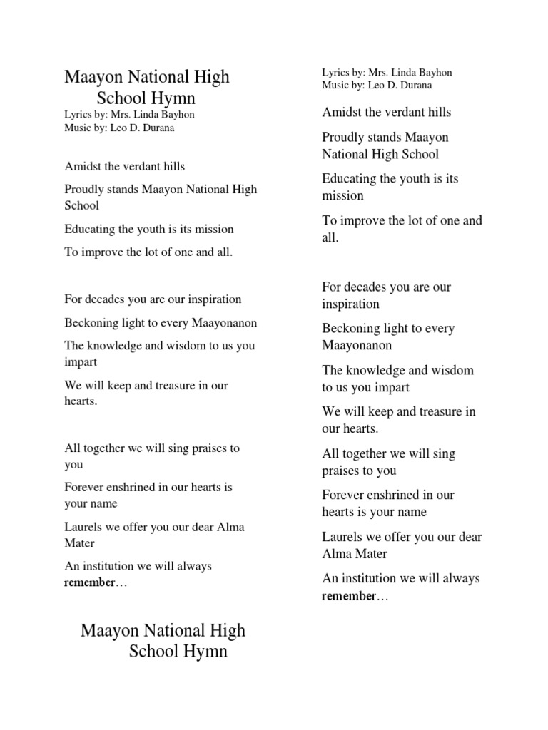 Maayon National High School Hymn | PDF | Entertainment (General)