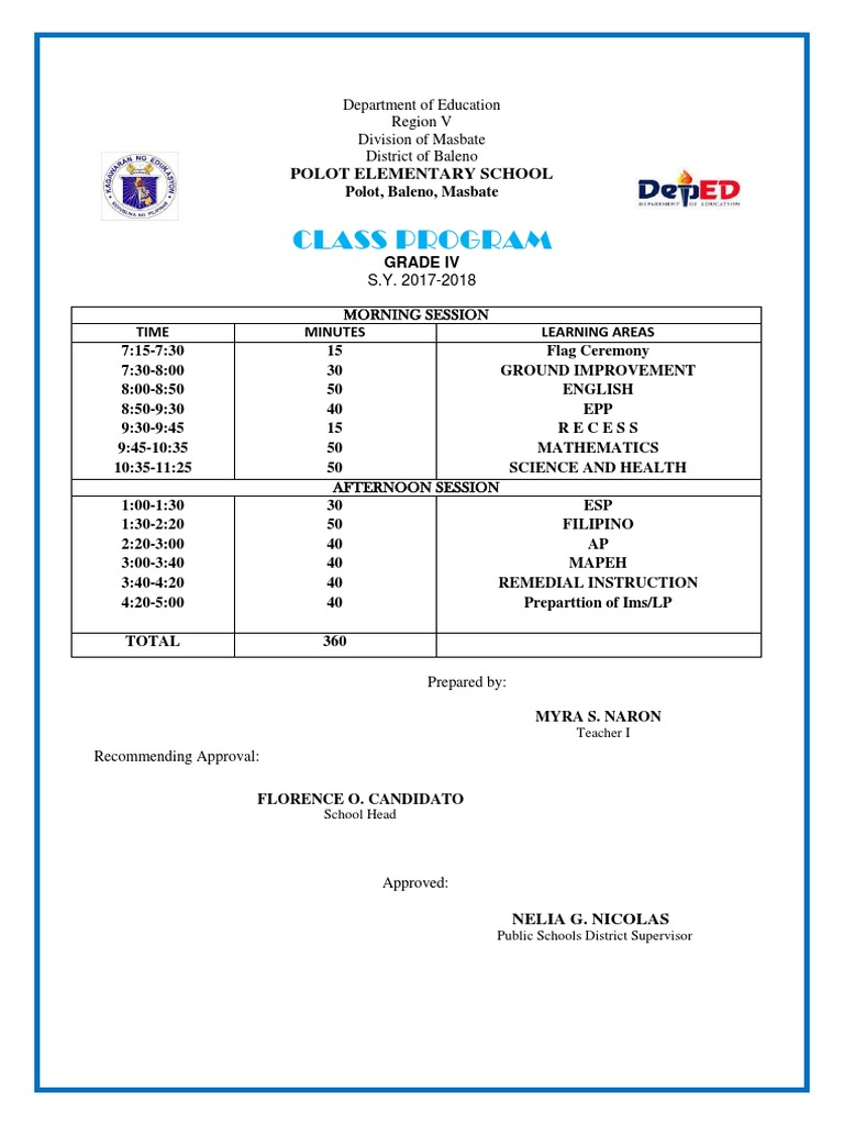 Class Program 2017-2018 | PDF | Schools | Educational Institutions