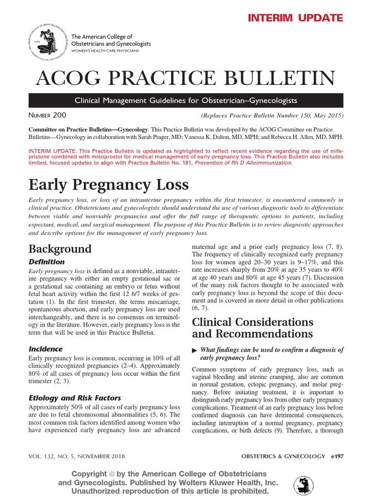 Acog Practice Bulletin: Early Pregnancy Loss | PDF | Miscarriage ...