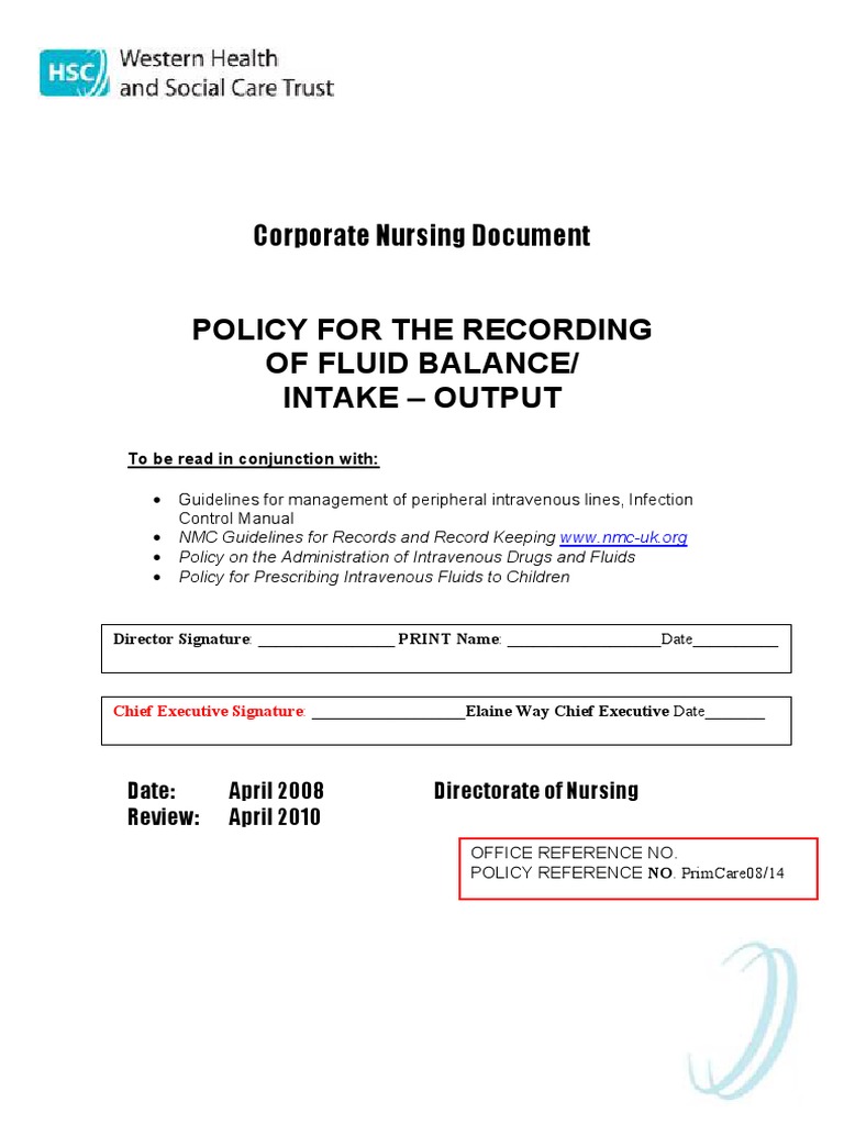 Recording of Fluid Balance Intake-Output Policy PDF | PDF | Intravenous ...