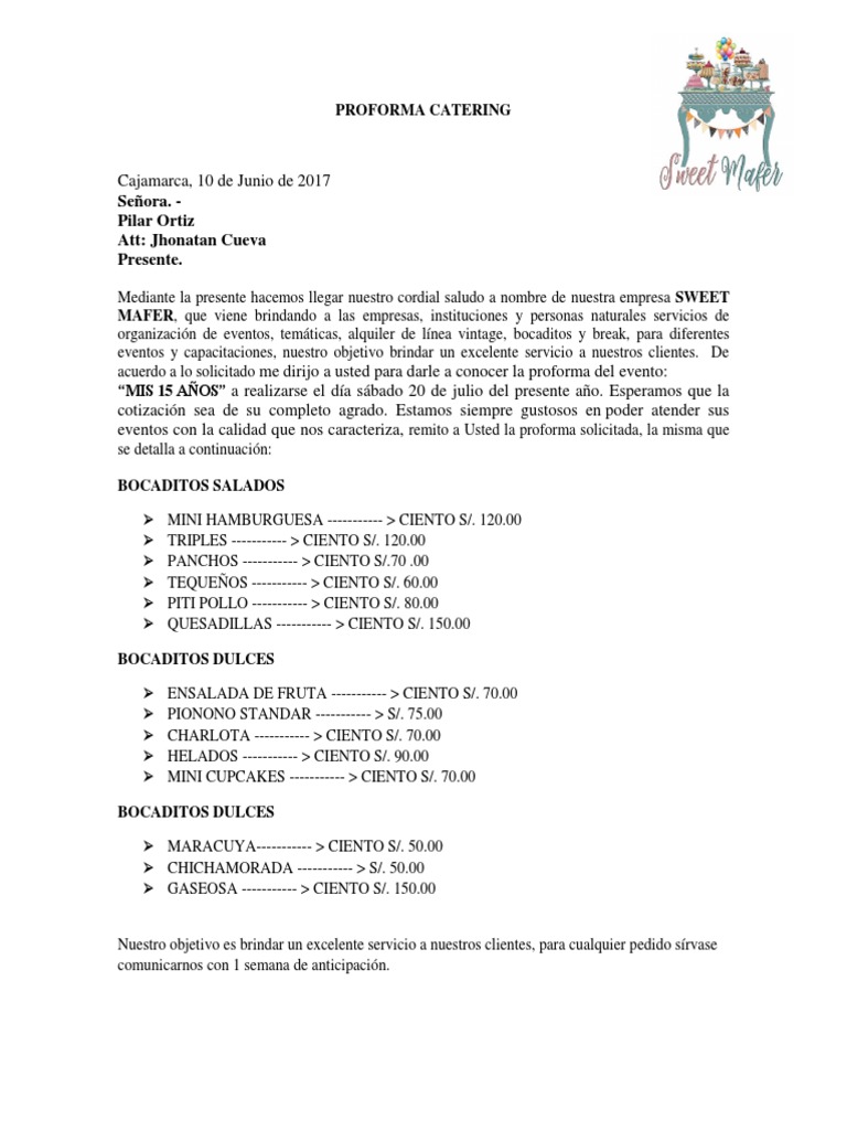 Proforma Catering | PDF | Cocina, comidas y vino