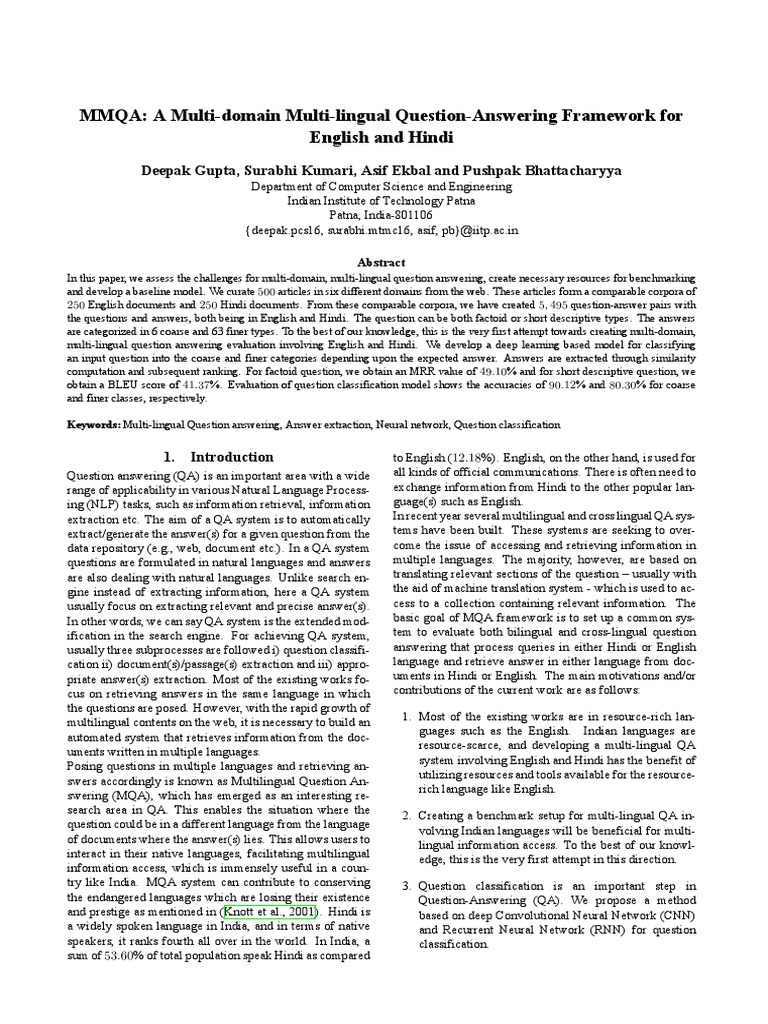MMQA: A Multi-Domain Multi-Lingual Question-Answering Framework For English and Hindi | PDF ...