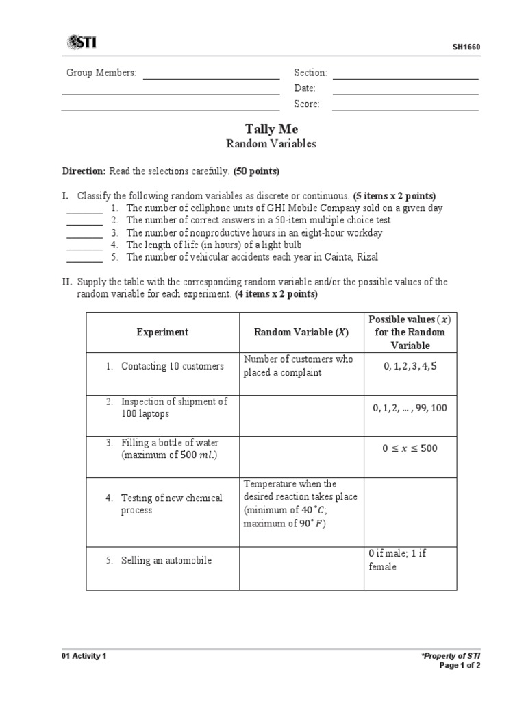 01 Activity 1 | PDF | Random Variable | Experiment