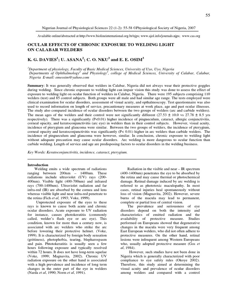 Ocular Effects of Chronic Exposure To Welding Light On Calabar Welders ...
