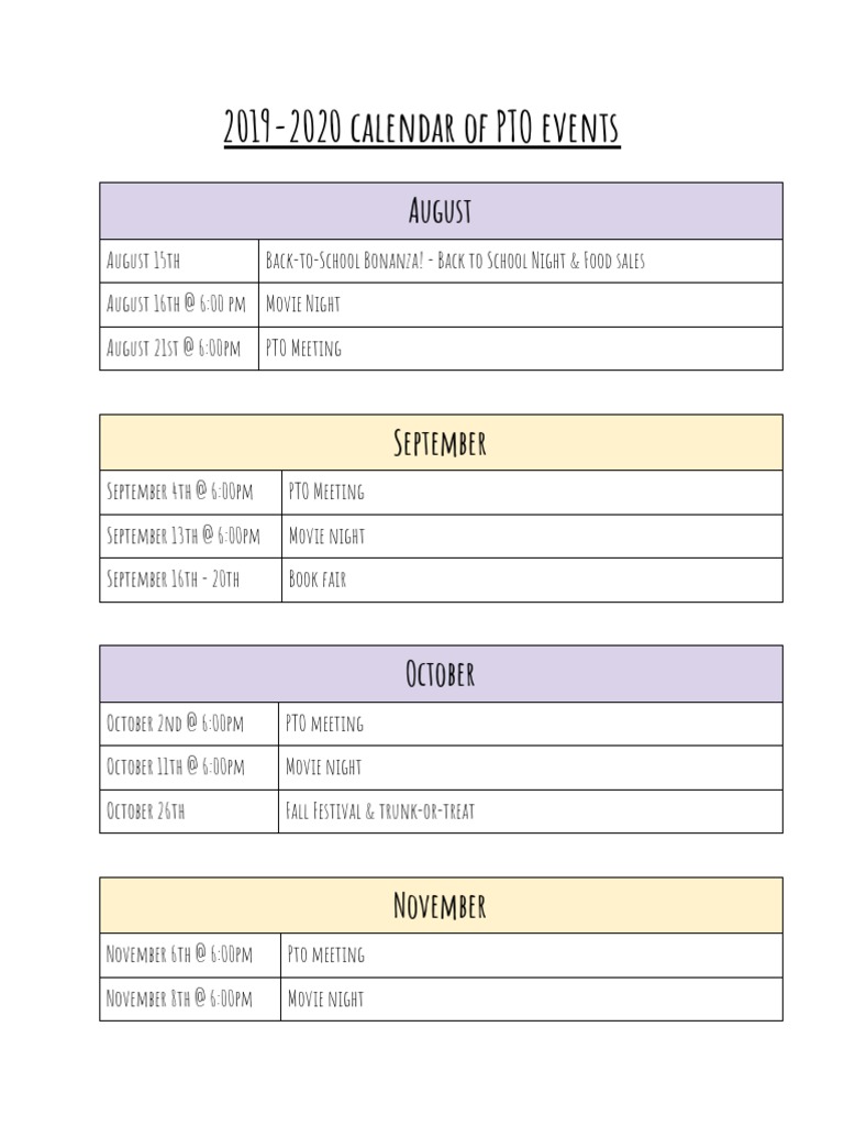 2019-2020 PTO Events Calendar | PDF | Art