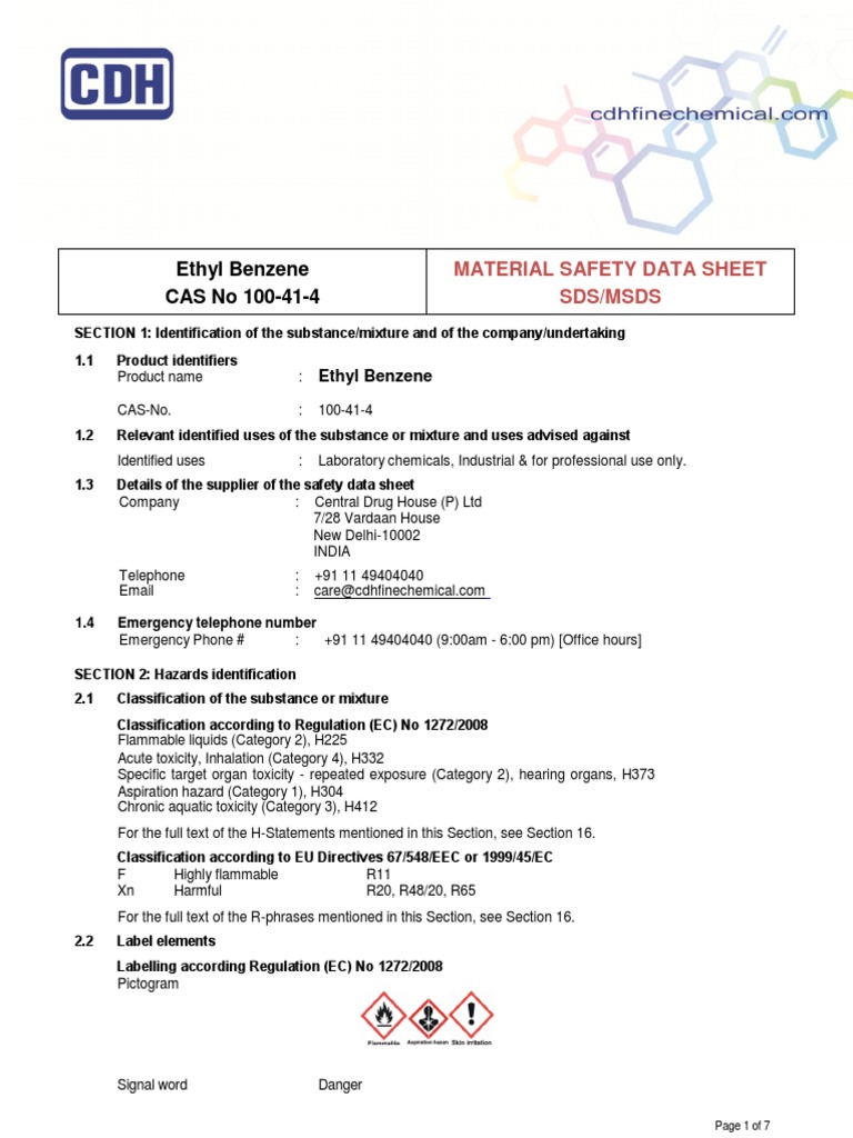 Ethyl Benzene CAS No 100-41-4: Material Safety Data Sheet Sds/Msds ...