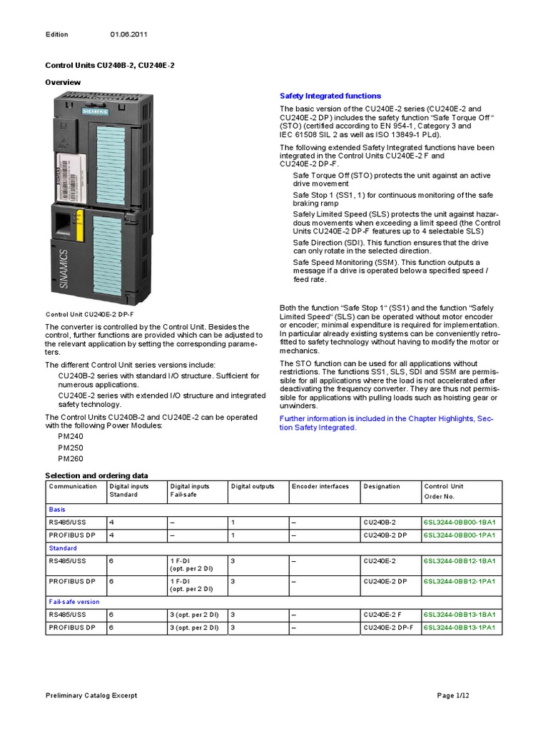 Control Units CU240B-2, CU240E-2: Safety Integrated Functions | PDF | Relay | Power Supply