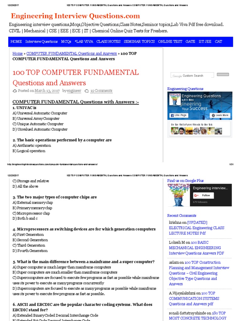 100 Top Computer Fundamental Questions and Answers | Download Free PDF | Random Access Memory ...