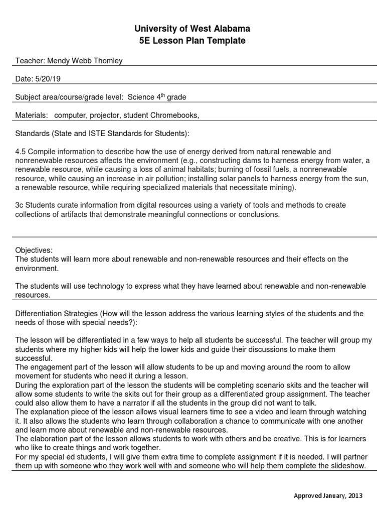 University of West Alabama 5E Lesson Plan Template: Approved January ...