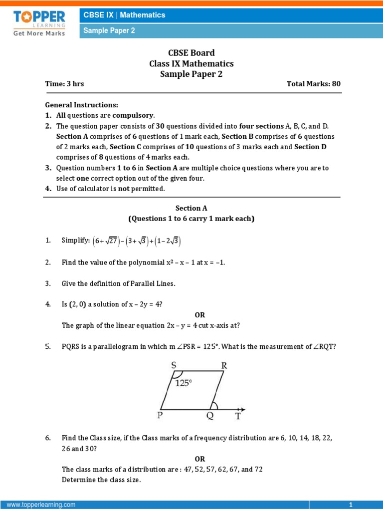CBSE Board Class IX Mathematics Sample Paper 2 | PDF | Area | Triangle
