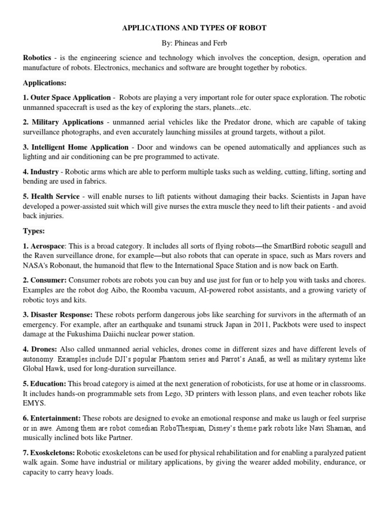 Application and Types of Robots | PDF | Robot | Robotics