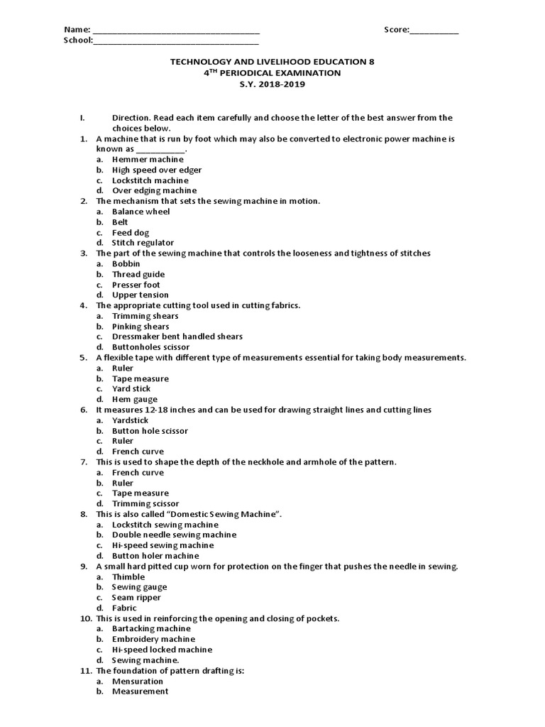 Tle 8 4th Grading | PDF | Sewing Machine | Sewing