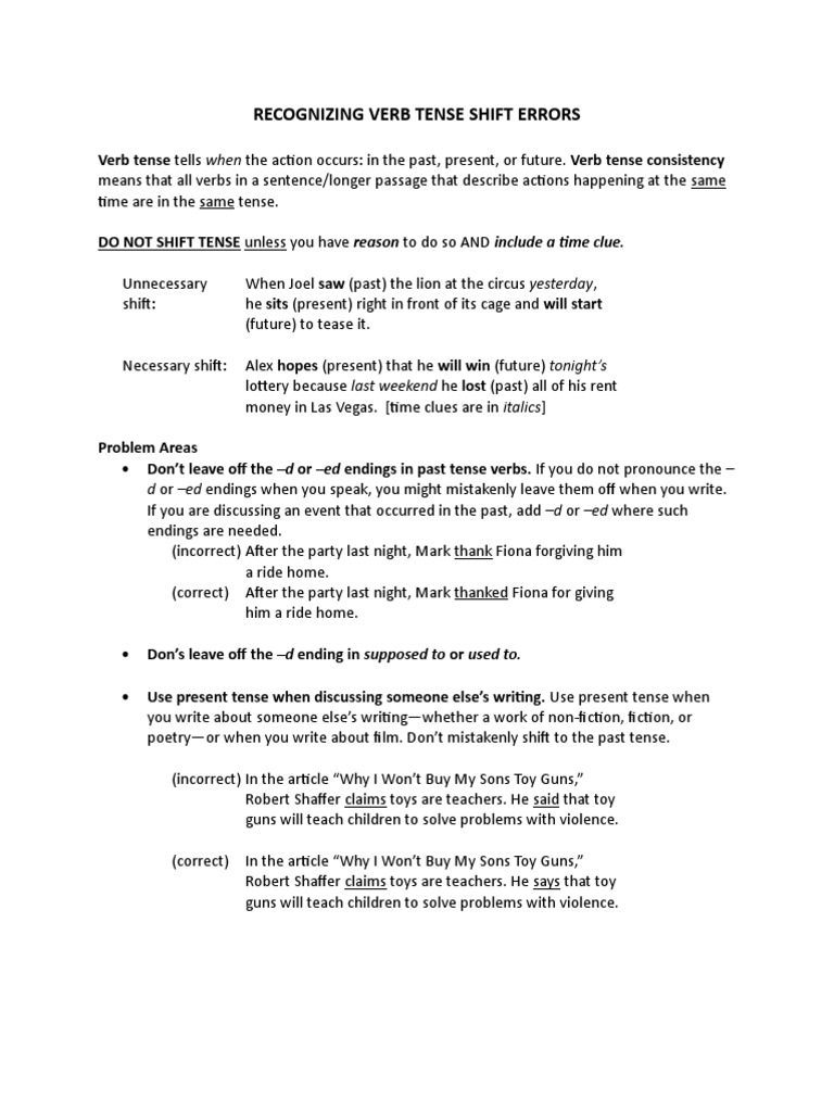 Avoiding Verb Tense Shift Errors | PDF | Grammatical Tense | Linguistic ...