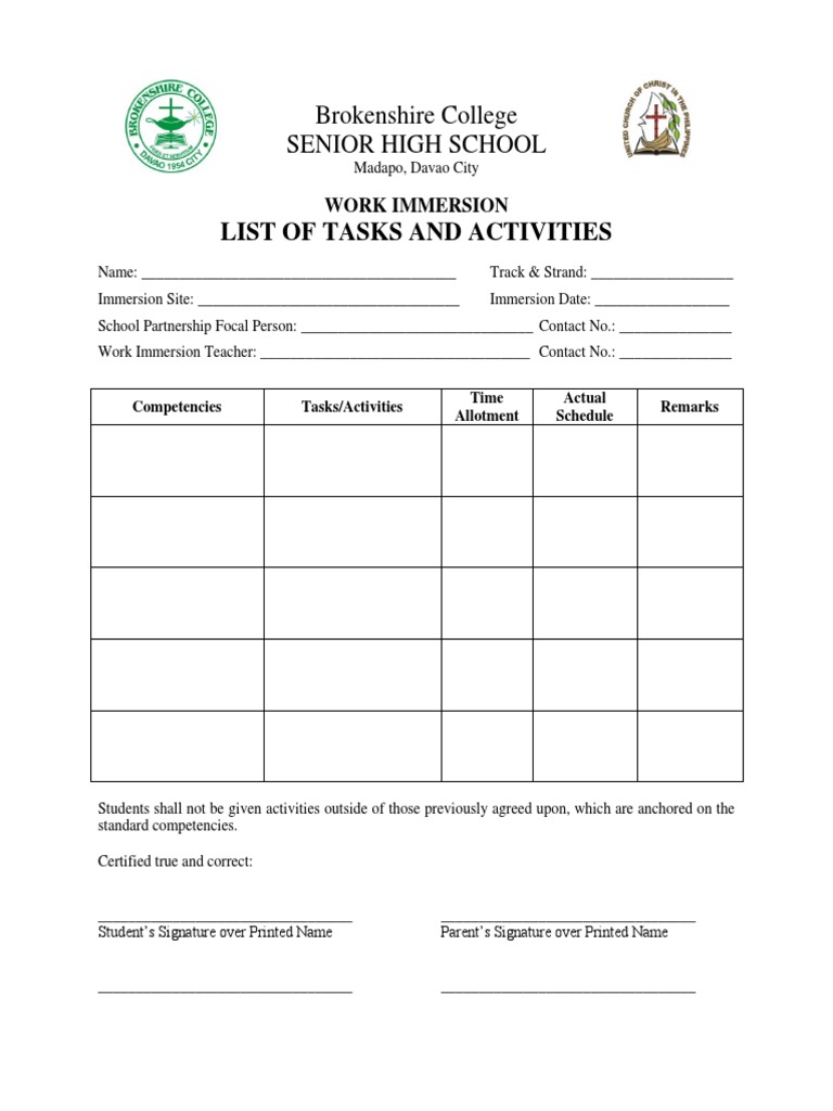 List of Tasks and Activities: Brokenshire College Senior High School | PDF