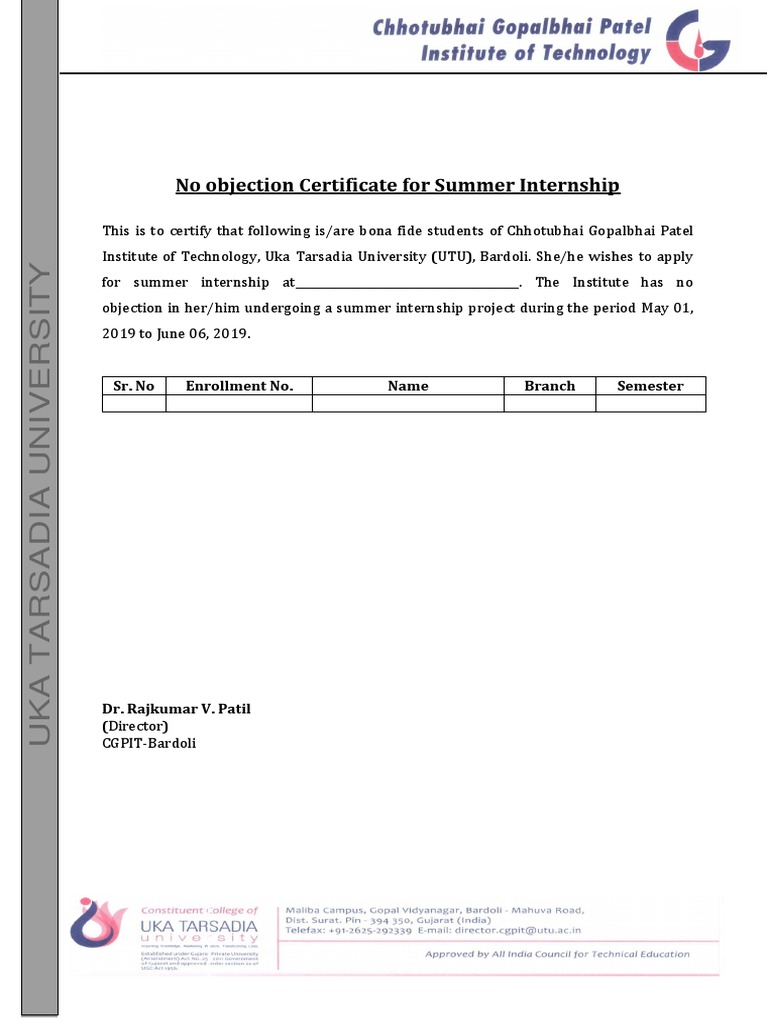 No Objection Certificate For Summer Internship: Sr. No Enrollment No ...