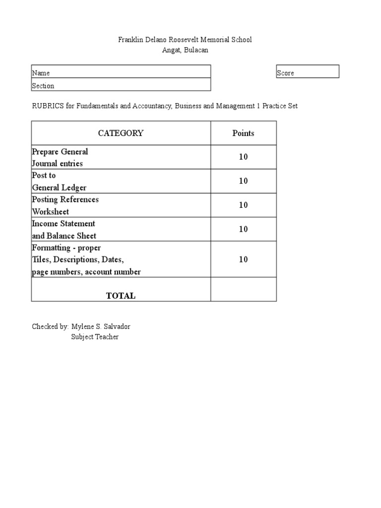 Rubrics Practice set | Accounting | Business