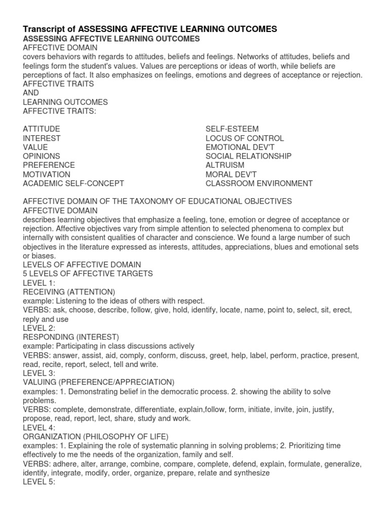 Transcript of Assessing Affective Learning Outcomes | PDF | Affect ...