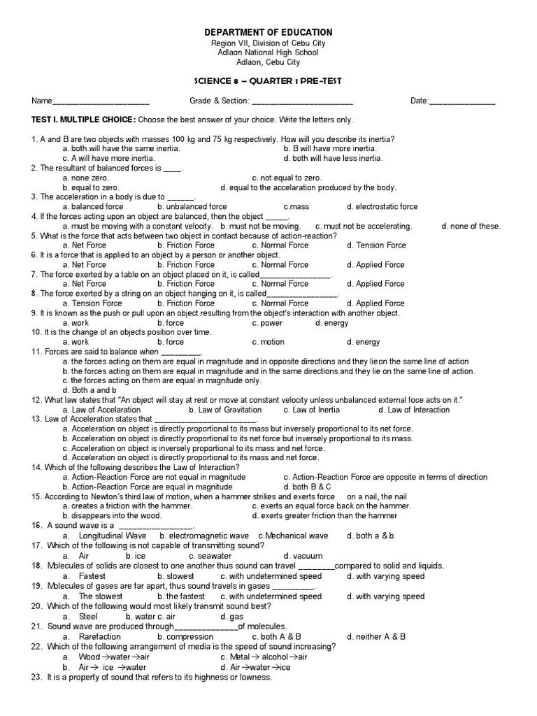 Grade 8 Science Quarter 1 Pre-Test | PDF | Force | Sound