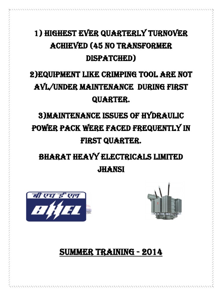 BHEL Jhansi Rotational Report on Power Transformer Manufacturing | PDF ...