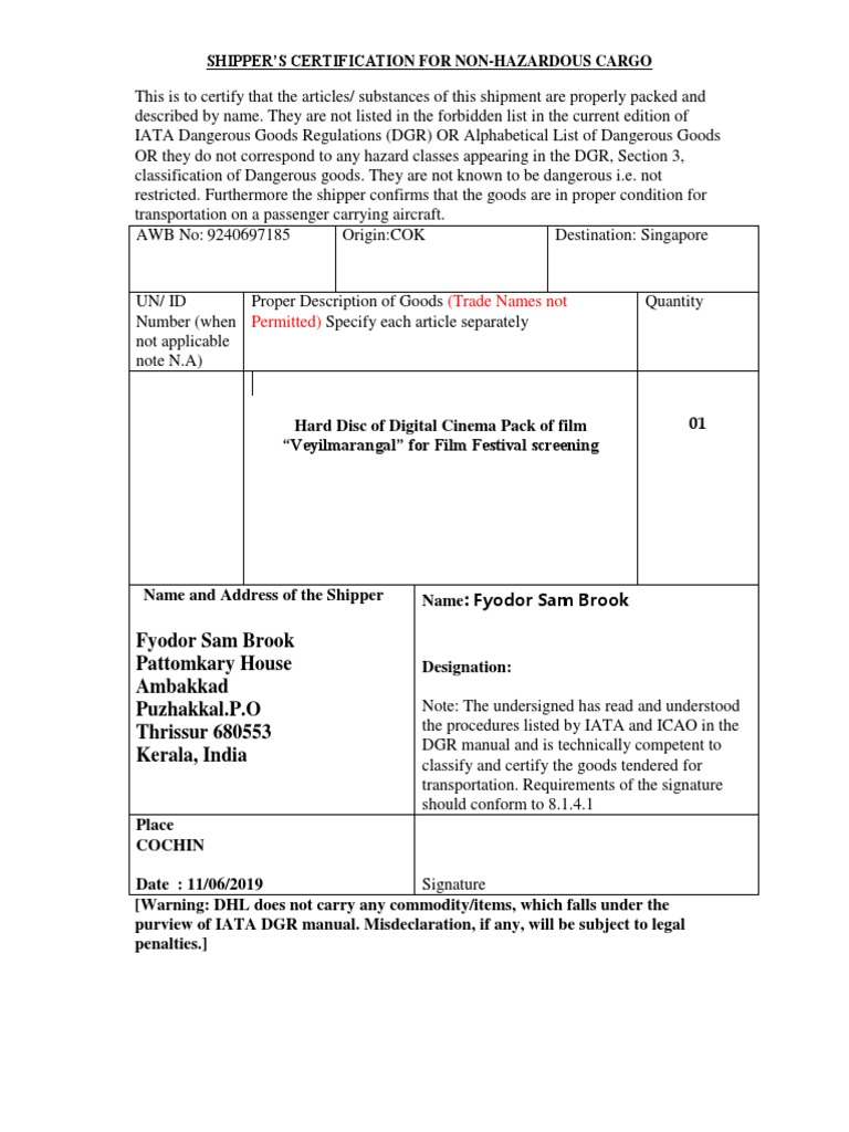 Certification For Non-Hazardous Cargo 2018 | PDF
