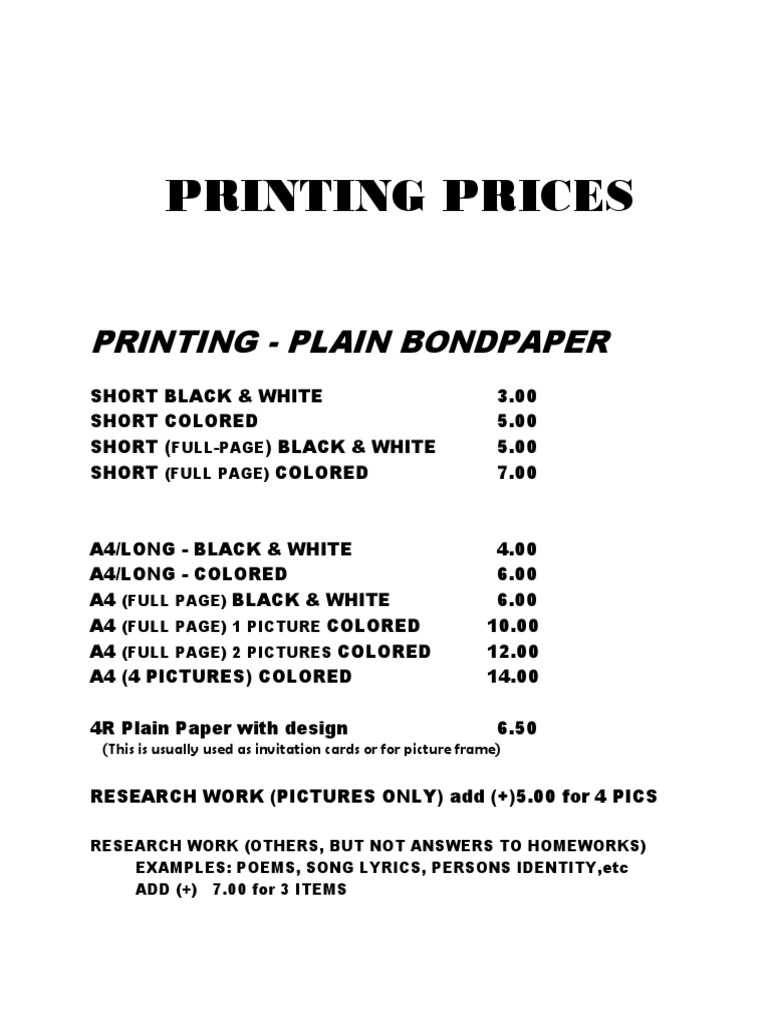 Printing Prices | PDF