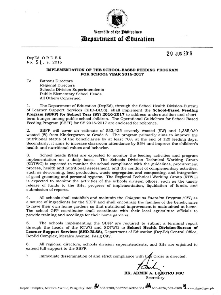 Deped Order 51 s2016 Implementation of School Based Feeding Program PDF ...