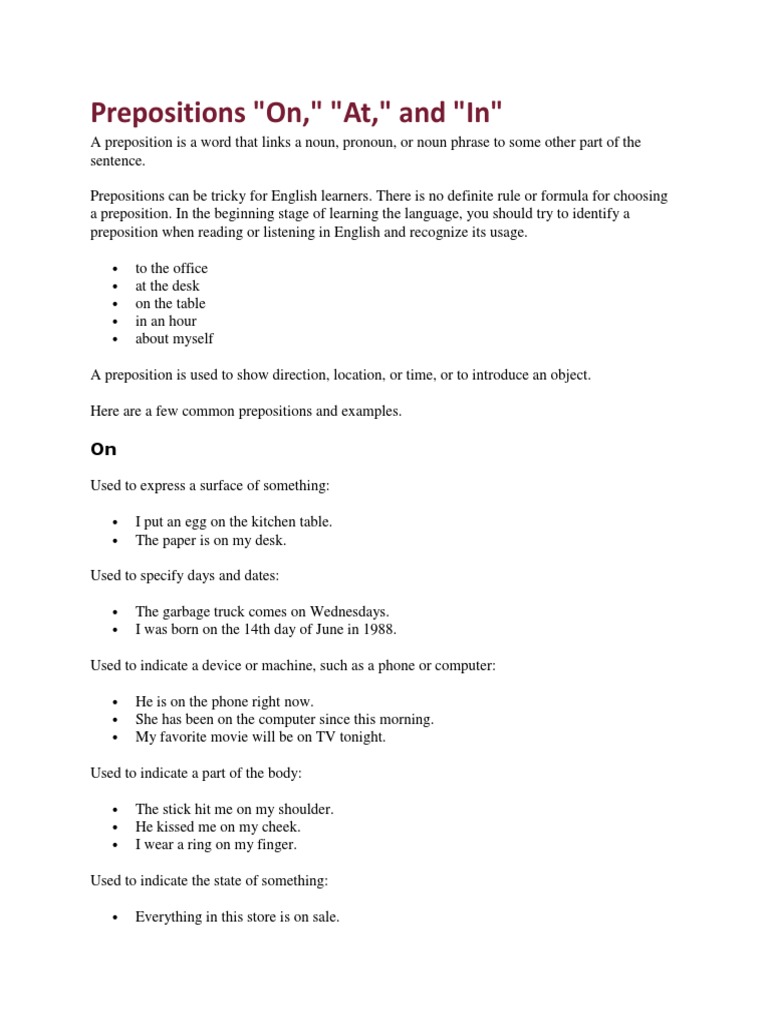 Prepositions "On," "At," and "In" | PDF | Workweek And Weekend ...