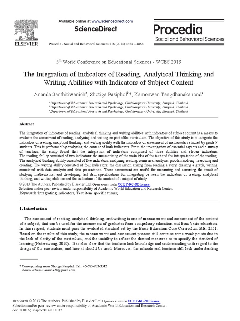 The Integration of Indicators of Reading, Analytical Thinking and ...