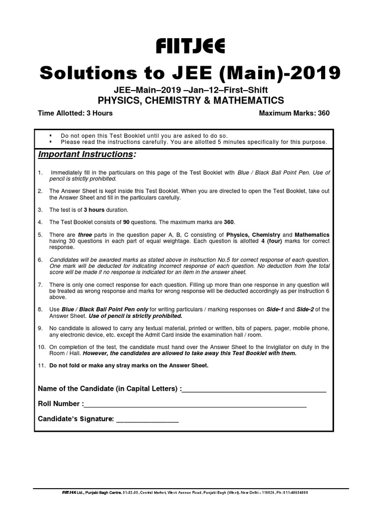 Fiitjee: Solutions To JEE (Main) - 2019 | PDF | Physical Sciences | Physics