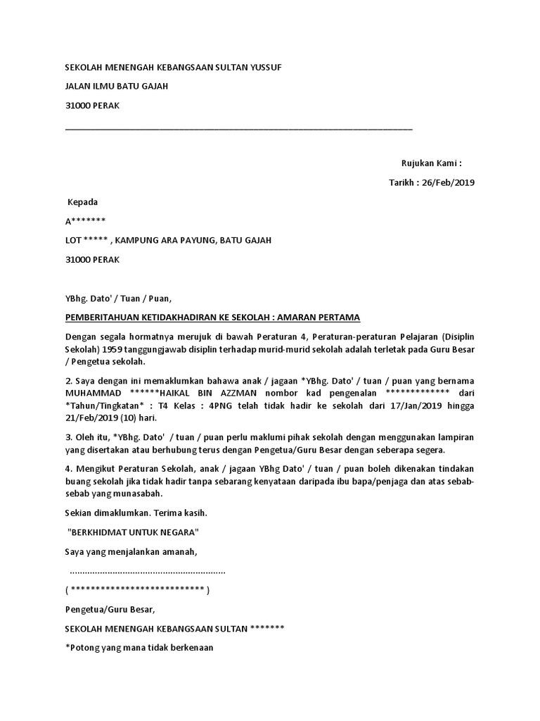 Contoh Surat Amaran Ponteng Sekolah | PDF