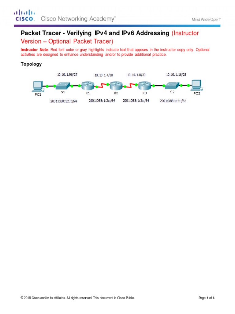 7.3.2.5 Packet Tracer - Verifying IPv4 and IPv6 Addressing - ILM PDF ...