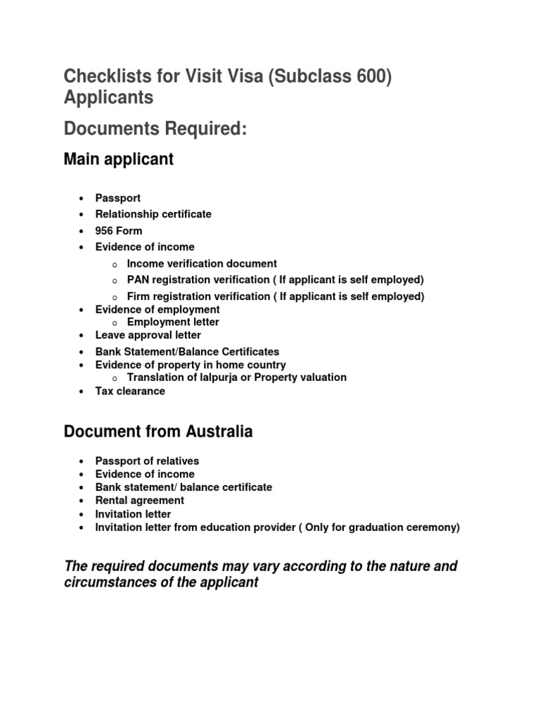 Visit Visa Document Checklist | PDF