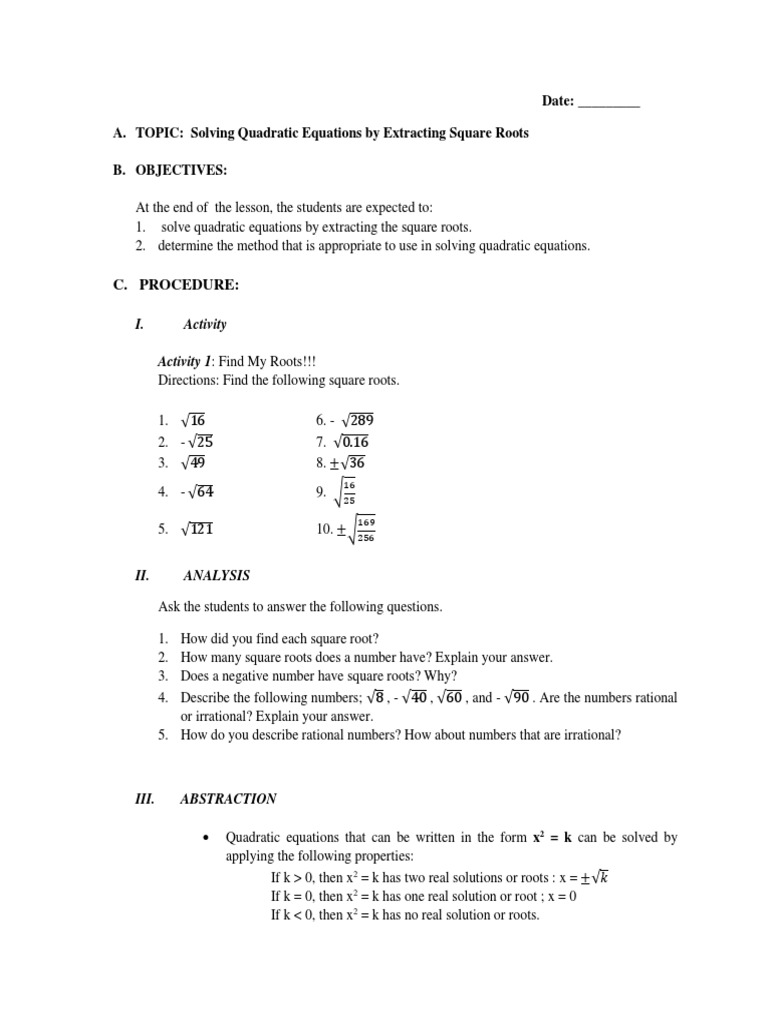 C1 - L2A - Extracting Square Roots | PDF | Quadratic Equation | Square Root