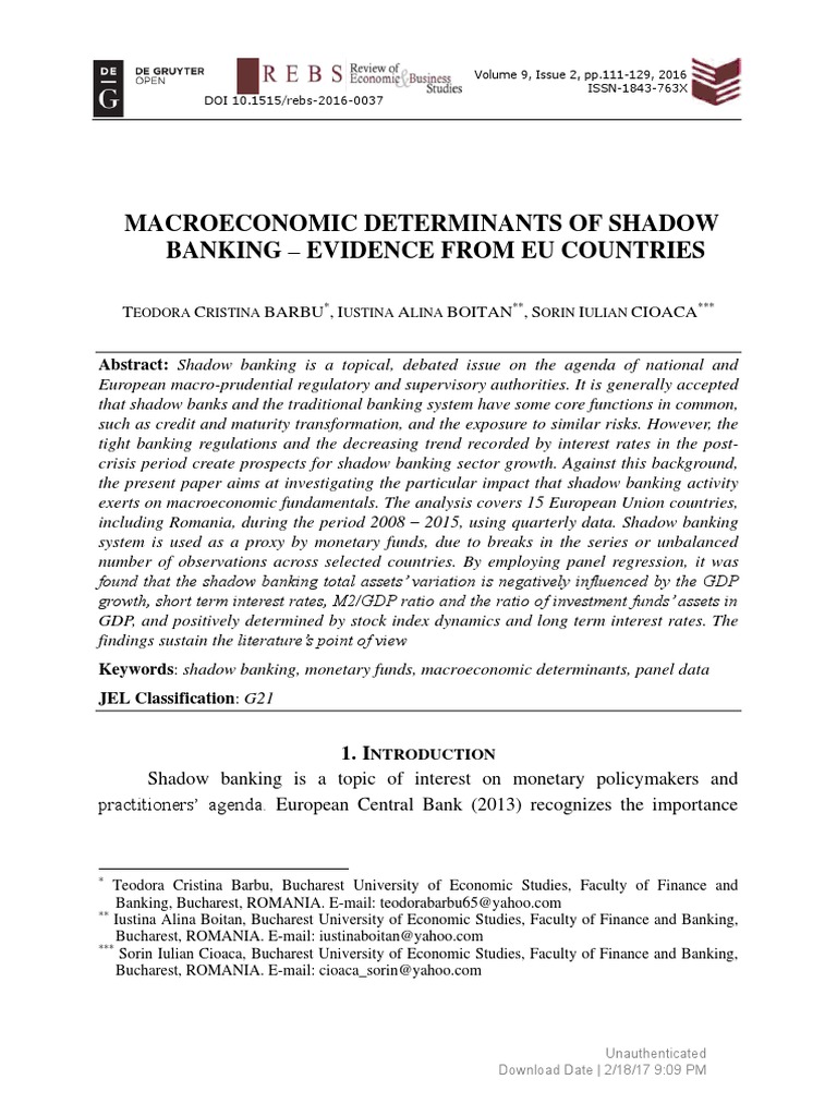 Macroeconomic Factors in EU Shadow Banking | PDF | Shadow Banking ...