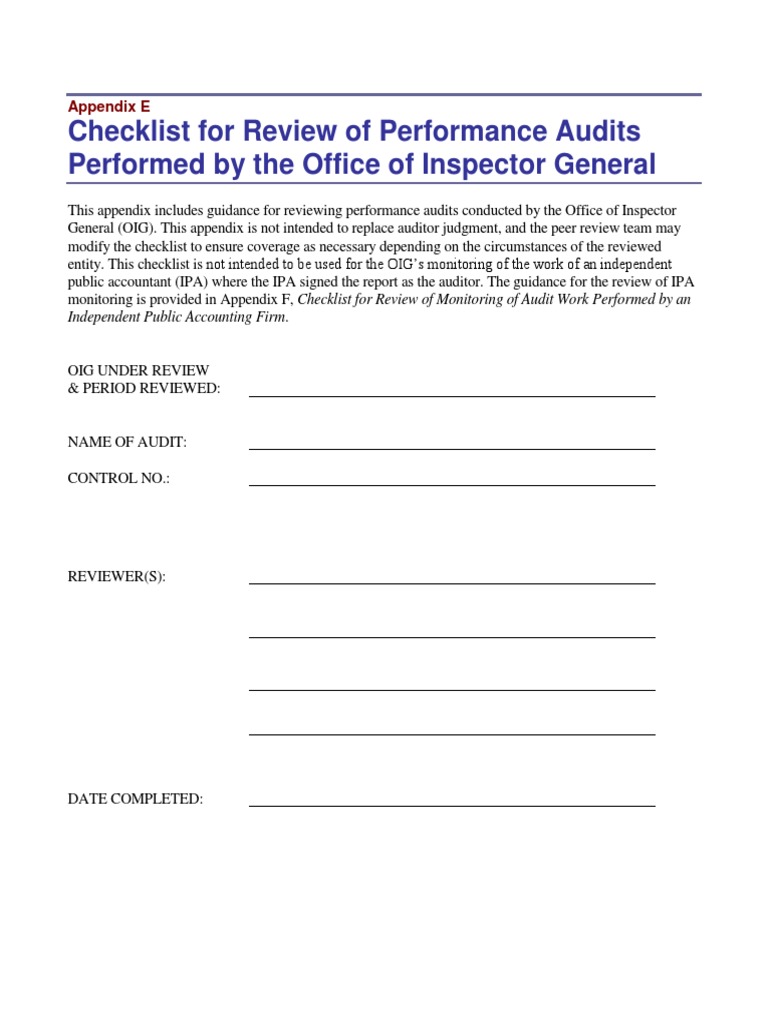 Appendix E Checklist - Review Performance Audits Performed by OIG ...