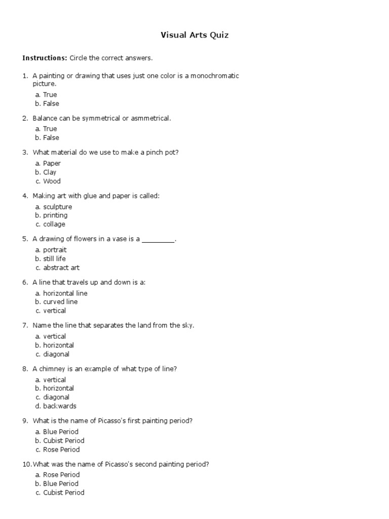 Visual Arts Quiz (Grade 1) - Free Printable Tests and Worksheets | PDF