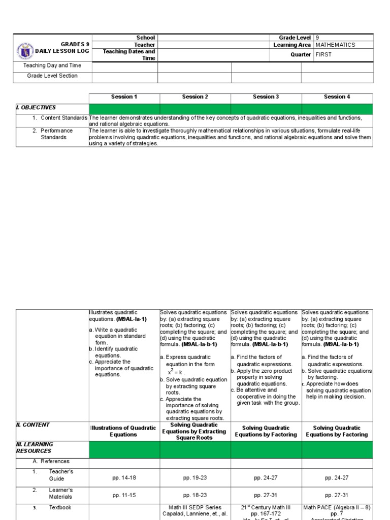 Grade 9 DLL Quarter 1 | PDF | Quadratic Equation | Factorization